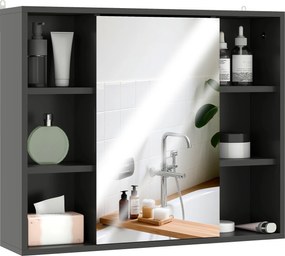 HOMCOM Nástěnný Koupelnový Skříňka, Koupelnová Skříňka se Zrcadlem, Koupelnové Zrcadlo se Úložným Prostorem, Dveřní Skříňka a 6 Otevřených Přihrádek,