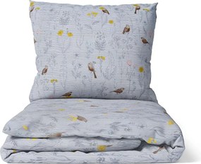 Krepové prodloužené povlečení Ptáčci v kvítí - světle modré Velikost: 140 x 220 + 70 x 90