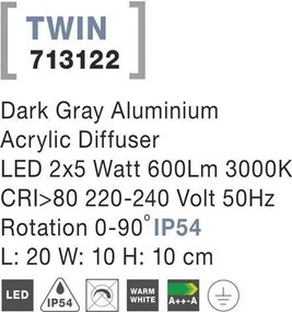 NV 713122 Venkovní nástěnné svítidlo TWIN tmavě šedý hliník akrylový difuzor LED 2x5W 3000K 220-240V rotační 0-90st. IP54 - NOVA LUCE