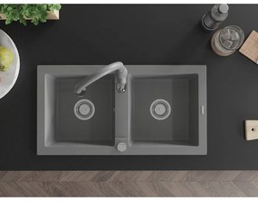 Mexen Mario, 2-komorový granitový dřez 820x436x161 mm a dřezová baterie Savita, šedá, 6504-71-672601-71