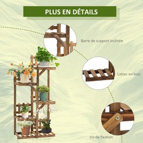 Dřevěný květinový regál Outsunny s 5 policemi - stojan na květináče, ornament s malými zábranami 60 x 30 x 130 cm z karbonizovaného borového dřeva pr…