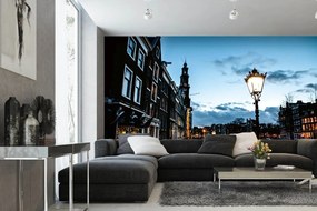 DIMEX | Samolepicí vliesová fototapeta na zeď Amsterdam v noci MA-5-1003 | 375 x 250 cm | modrá, měděná, černá, šedá
