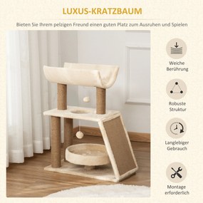 PawHut škrabadlo pro kočky malé 76 cm s míčkem a hrazdičkou, vnitřní šplhací věž s pelíškem a škrabací deskou, světle hnědá pro kočky do 5 kg | Aosom…