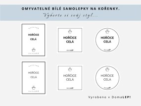 HOŘČICE CELÁ - omyvatelná samolepka na kořenky, výběr rozměrů Ø 5 cm / 5 x 5 cm / 6 x 8 cm | DomaLEP tvar: KOLEČKO, barva: BÍLÁ - ČERNÉ písmo, velikost: Ø 5 cm - tučné písmo