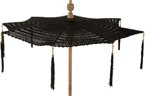Černý boho slunečník s dřevěnou tyčí a střapci Lorie Wood - ∅ 140*250 cm
