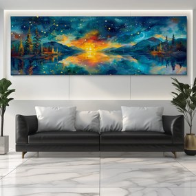 Obraz na plátně - Hvězdná noční obloha nad jezerem FeelHappy.cz Velikost obrazu: 180 x 60 cm