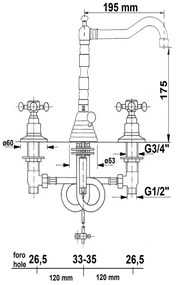 Reitano Rubinetteria, ANTEA tříprvková umyvadlová baterie s retro hubicí, s výpustí, chrom, 3221