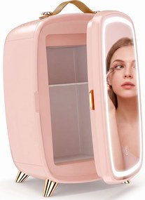 HOMCOM Minilednička na kosmetické produkty, nápoje a občerstvení, přenosná, se svítícím zrcátkem, tichý provoz, 6L, růžová