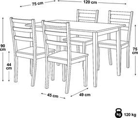 Jídelní set 1+4, rozměr stolu, MDF, dýha, masivní nohy, moření dub (120 x 75) cm