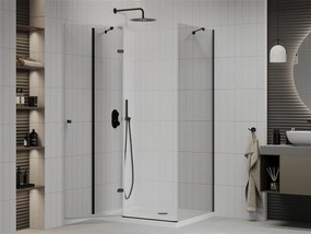 Mexen Roma, sprchový kout s 1-křídlými dveřmi 110 (dveře) x 70 (stěna) cm, 6mm čiré sklo, černý profil, slim sprchová vanička 5cm bílá s černým sifonem, 854-110-070-70-00-4010B
