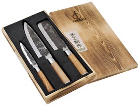 Ručně vyráběné nože z oceli Forged | Sun System 3-dílná sada nožů Olive