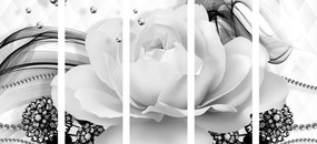 5-dílný obraz luxusní růže v černobílém provedení - 200x100 cm