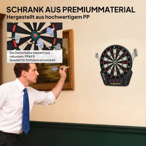 Elektronický šipkový terč HOMCOM s 6 šipkami a 24 šipkovými hlavicemi 27 her 243 možností zásahů 44 x 51,5 x 3,2 cm pro zábavu i soutěže
