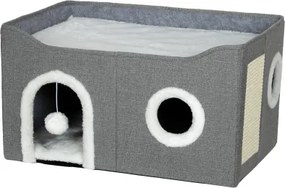 PawHut skládací dům pro kočky s škrabadlem, 3 otvory, zavěšená kulička, oboustranný polštář z plyše a lněného vzhledu, 60x40x34 cm, šedá