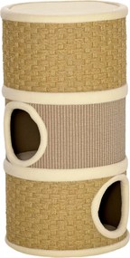 PawHut Škrabací sud 70 cm vysoký Ø 37,5 cm Třípatrový škrabací sud s sisalovým lanem, kočičí jeskyně, škrabací sloup pro malé kočky, Khaki+Kávově hněd