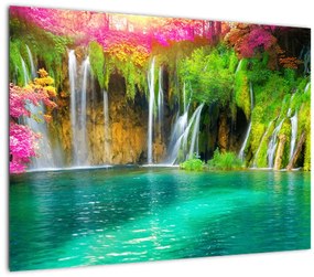 Skleněný obraz - Vodopád, Plitvická jezera, Chorvatsko (70x50 cm)