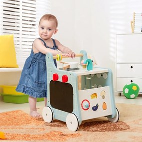 Costway Dřevěné chodítko 6 v 1 s kuchyňkou a hodinami na učení a – modrý