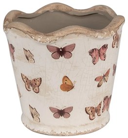 Béžový keramický obal na květináč s barevnými motýly Helga a vlnitým okrajem – 13x12 cm