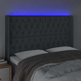 Čelo postele s LED tmavě šedé 147 x 16 x 118/128 cm textil 3124383