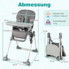 Costway Vysoká stolička baby skládací dětská vysoká stolička s funkcí – šedá