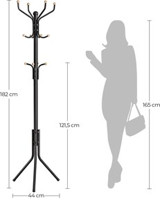Stojan na kabáty se 12 háčky, stabilní kovový věšák, 182 cm vysoký, černý
