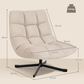 HOMCOM křeslo do obývacího pokoje bez opěrek, otočné o 360°, voděodpudivá tkanina chenille, široký sedák, 75 x 95 x 90 cm, krémová
