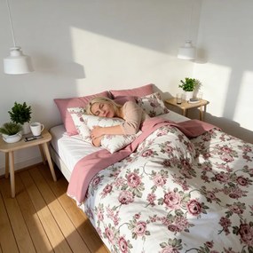 Ervi bavlněné povlečení oboustranné - růžové květy na bílém/růžové