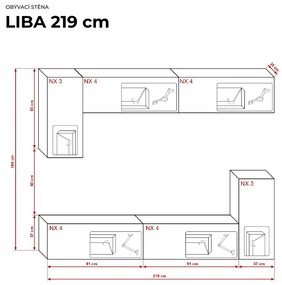 Ral Obývací stěna LIBA 4, 219 cm - Černý lesk