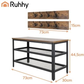 Botník s lavicí a věšákem RUHHY 27037 73 cm, industriální loft, hnědá deska