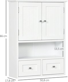 Kleankin Nástěnná skříňka do koupelny - Zavěsná skříňka s 2 dveřmi a 2 šuplíky pro moderní kuchyň 50,8x17,8x66 cm Bílá