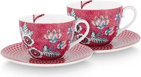 Pip Studio Flower Festival sada 2 cappuccino šálků s podšálky, tmavě růžová (sada cappuccino hrnečků v dárkové krabičce)