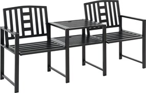 Outsunny Moderní zahradní lavice pro 2 osoby s stolem a otvorem na slunečník, venkovní nábytek 165x56x85,5cm Černá | Aosom