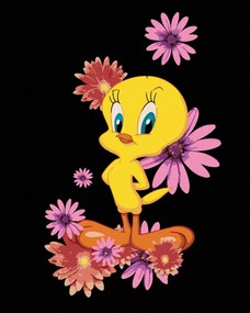 Zuty - tweety a růžové květiny (looney tunes), 40×50 cm, vypnuté plátno na rám