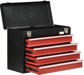 DURHAND prázdná toolbox, 51 x 22 x 39,5 cm s 4 šuplíky, horním úložným prostorem, rukojetí, toolbox se 2 zámky, vyrobený z oceli, Černá+Červená | Aoso