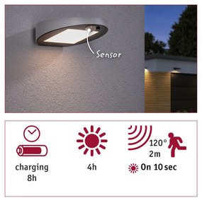 Paulmann 94247 Ryse, stříbrné nástěnné solární svítidlo se senzorem, 1,2W LED 3000K, šířka 15,4cm, IP44