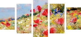 5-dílný obraz malované máky na louce - 100x50 cm