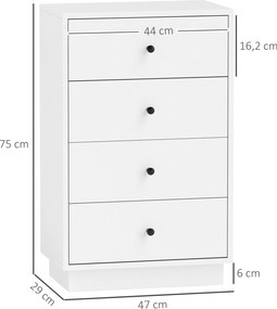 HOMCOM Komoda se 4 zásuvkami, skříň z dřevotřísky v moderním stylu, 47 x 29 x 75 cm, bílá