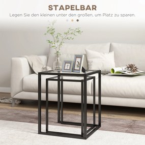 HOMCOM Sada 2 čtvercových stohovatelných konferenčních stolků s tvrzeným sklem a ocelovým rámem pro obývací pokoj 33x33x45,5 cm a 42x42x51 cm Černá