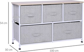 HOMCOM Komoda 100 x 30 x 54 cm s 5 Úložnými Šuplíky - Šedý Ocelový Rám, Bílá Světlá Dřevěná Deska | Aosom