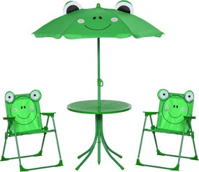 Zahradní set Outsunny pro děti – stůl a židle na piknik, skládací set pro děti se nastavitelným deštníkem 100-125 cm, design žabky, zelený | Aosom