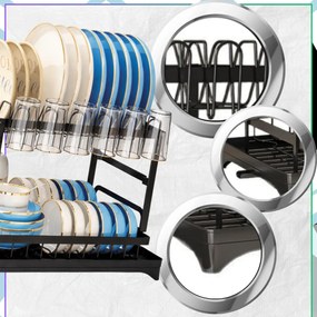 Camerazar Odkapávač na nádobí 42x29 cm, dvoupatrový, černý, kuchyňský organizér