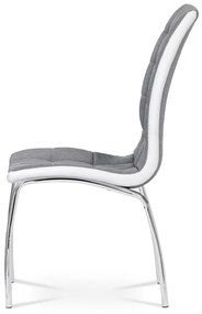 AUTRONIC Jídelní židle, potah šedá látka a bílá ekokůže, kovová podnož, chrom