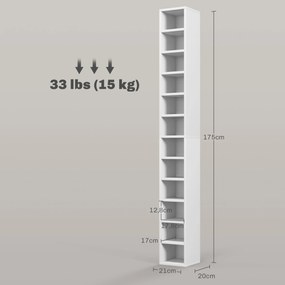 HOMCOM Úložný sloupec na CD a DVD, regál s 12 přihrádkami, kapacita max. 204 CD, 21 x 20 x 175 cm, bílá