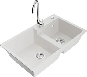 Mexen Tomas, granitový dřez 800x500x190 mm, 2-komorový a chromová baterie Telma, bílá, 6516-20-670200-00
