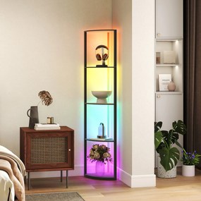 HOMCOM LED stojací lampa, 5stupňově stmívatelná lampa s policí, RGB měnění barev, dálkové ovládání B31-552V90BK