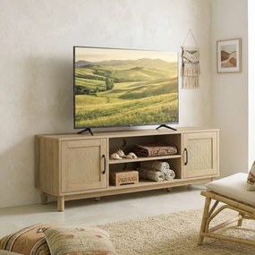 HOMCOM TV nábytek 135 cm, TV nábytek pro televize až do 165,1 cm s 2 ratanovými dveřmi, 2 otevřenými přihrádkami, dub