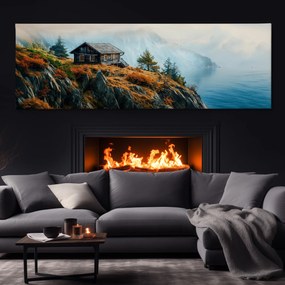 Obraz na plátně - Skalní chatka na mlžném pobřeží FeelHappy.cz Velikost obrazu: 210 x 70 cm
