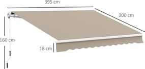 Outsunny Kloubová Markýza S Nastavitelným Upínáním 3,95 x 3m S Otočným Kličkou, Balkónová Markýza, Béžová