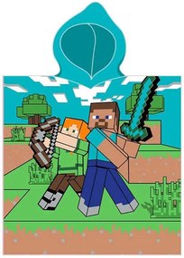 Dětské plážové pončo - osuška s kapucí Minecraft - motiv Alex a Steve - 100% bavlna - 50 x 115 cm / pro děti 3 - 6 let