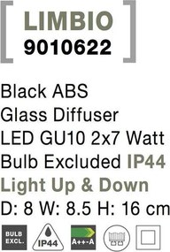 NV 9010622 Venkovní nástěnné svítidlo LIMBIO černý ABS skleněný difuzor GU10 2x7W bez žárovky IP44 světlo nahoru a dolů - NOVA LUCE